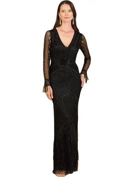 LARA NEW YORK Long Sleeve Tulle Dress With Fringe - Black