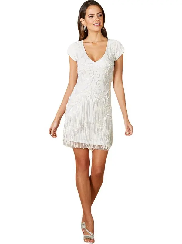 LARA NEW YORK Candie Beaded Mini Dress With Fringe - Ivory