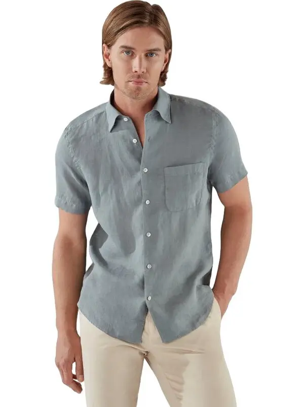 Robert Talbott Morgan Short Sleeve Linen Shirt - Light Gray