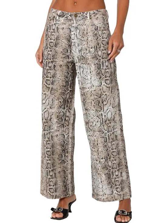 EDIKTED Snakeskin Print Wide Leg Jeans - Mix