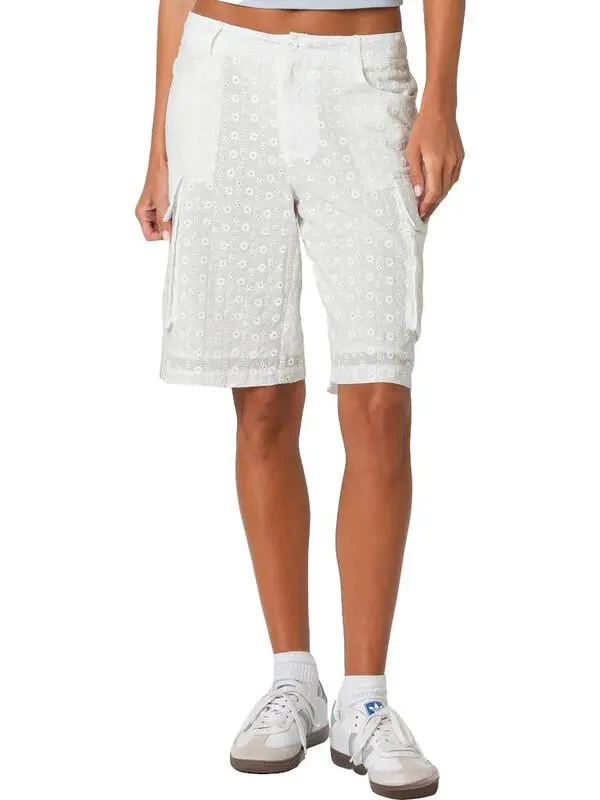 EDIKTED Eyelet Cargo Bermuda Shorts - White