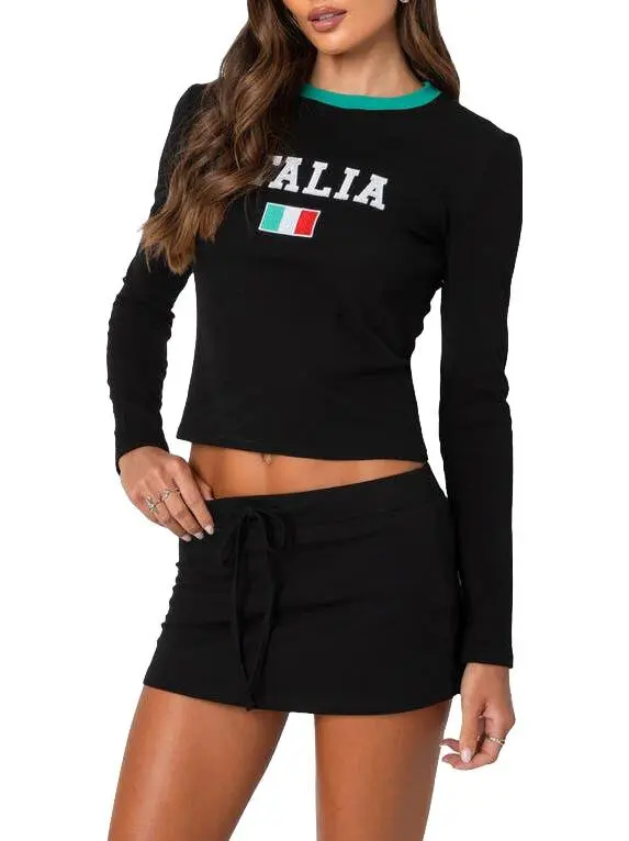 EDIKTED Italy Long Sleeve Crop Graphic T-shirt - Black