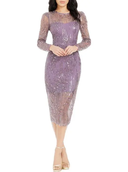 Dress The Population Sophia Bead & Sequin Long Sleeve Midi Dress - Dusty Lavender Multi