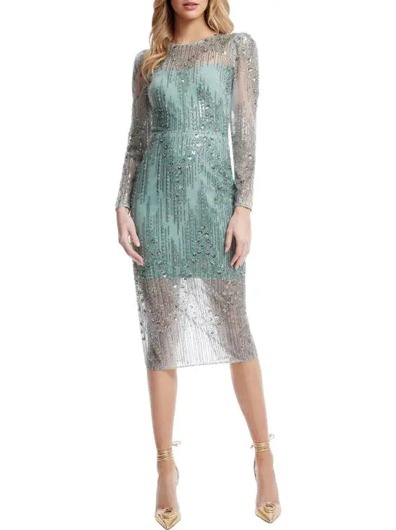 Dress The Population Sophia Bead & Sequin Long Sleeve Midi Dress - Sage Multi