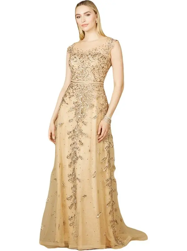LARA NEW YORK Inspired Lace Gown With Cap Sleeves - Gold