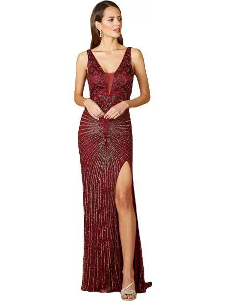LARA NEW YORK Thigh High Slit Beaded Gown - Wine