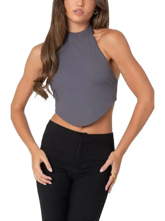 EDIKTED Raine Curved Hem Halter Crop Top - Dark-gray