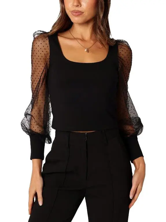 PETAL & PUP Wesson Sheer Dot Sleeve Crop Top - Black