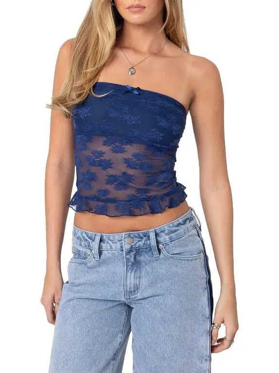 EDIKTED Ballet Lace Crop Tube Top - Navy