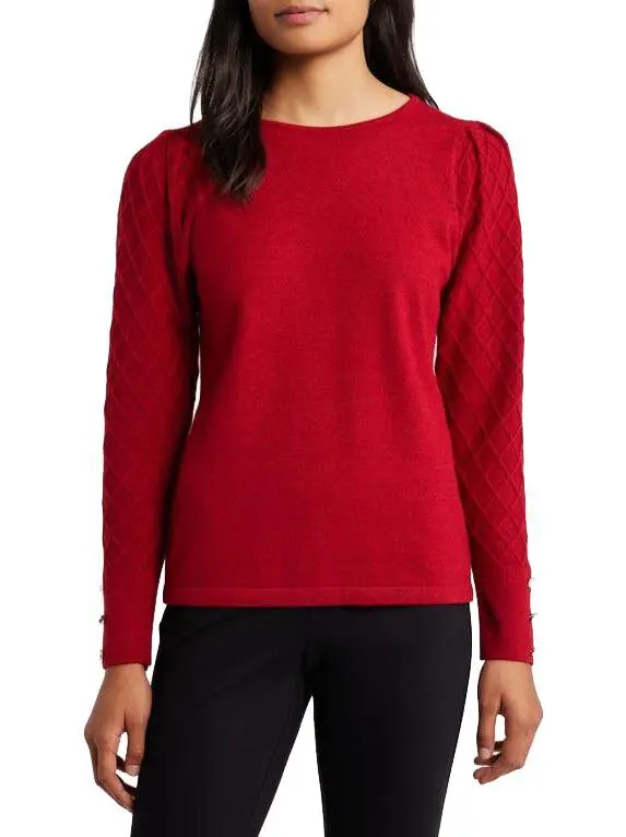 Anne Klein Diamond Stitch Sleeve Button Cuff Sweater - Titian Red