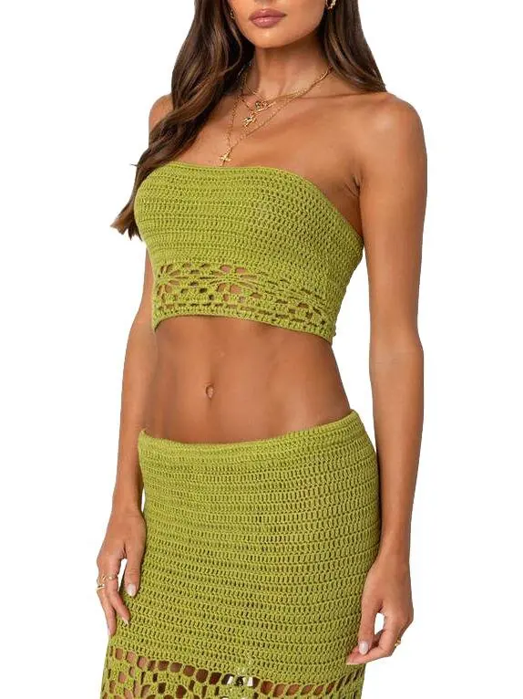 EDIKTED Ida Open Knit Tube Top - Green