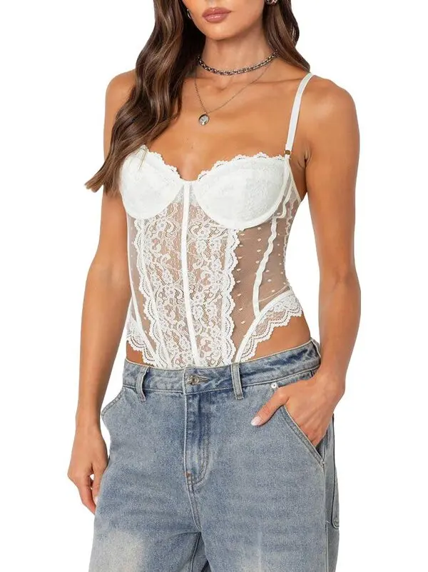 EDIKTED Cabaret Lace Bodysuit - White