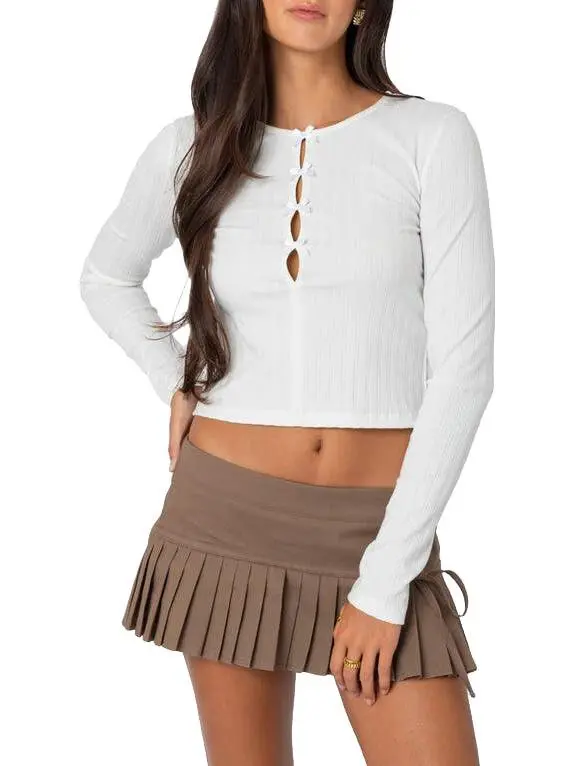 EDIKTED Pointelle Stitch Keyhole Cutout Long Sleeve Top - White