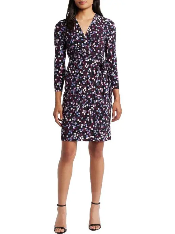 Anne Klein Print Long Sleeve Knit Wrap Dress - Deep Plum Multi