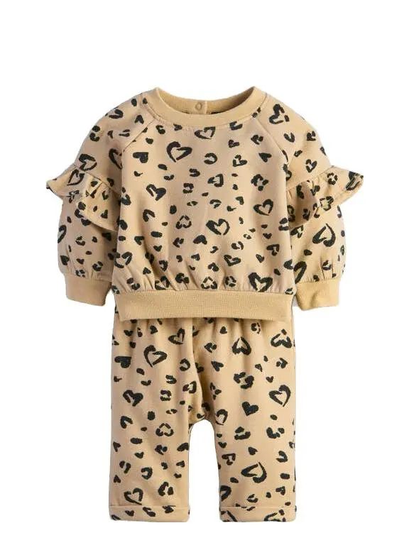 TUCKER + TATE Ruffle Trim Sweatshirt & Sweatpants Set - Tan Natural Leopard Hearts