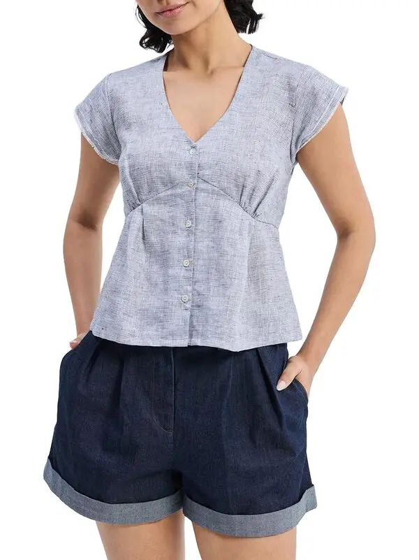 REISTOR Deep V-neck Cap Sleeve Top - Pin Striped Linen