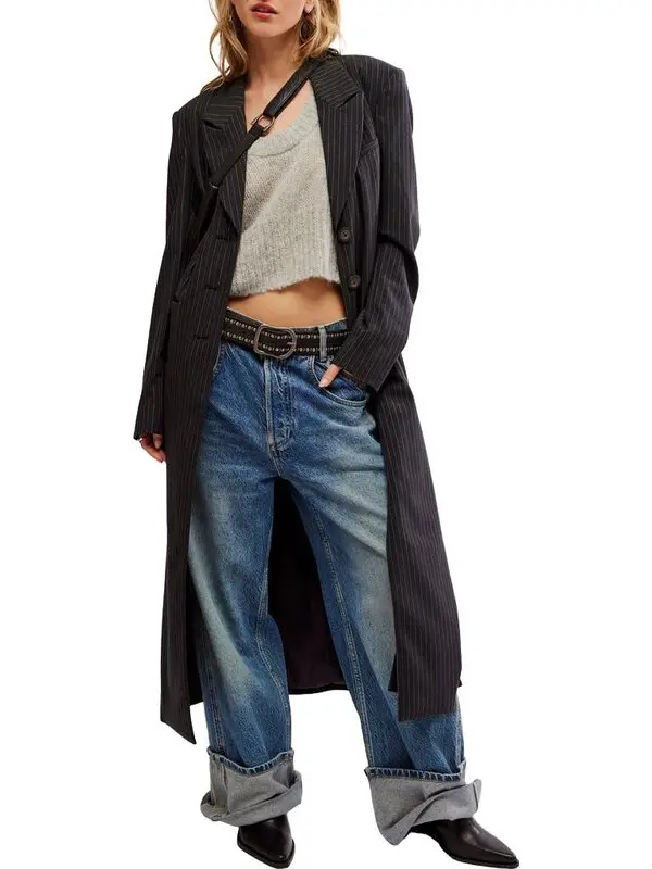 Free People Pinstripe Blazer Duster - Black Combo