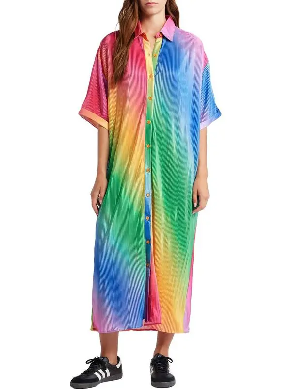 DRESSED IN LALA Oversize Plissé Shirt Dress - Prismatic Rainbow