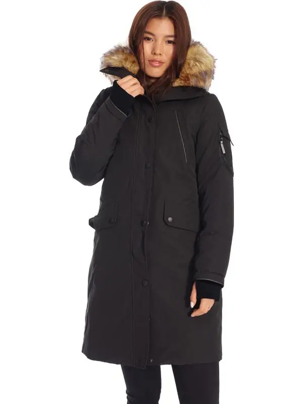 ALPINE NORTH Laurentian Vegan Down Long Parka With Faux Fur Hood - Black