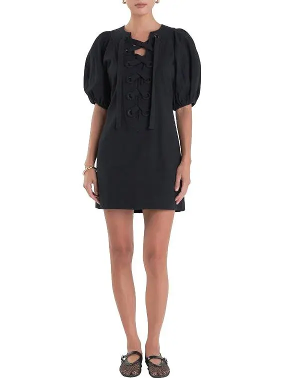 English Factory Lace-up Front Puff Sleeve Minidress - Black