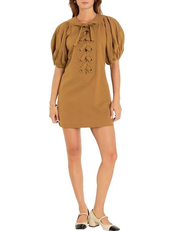 English Factory Lace-up Front Puff Sleeve Minidress - Olive