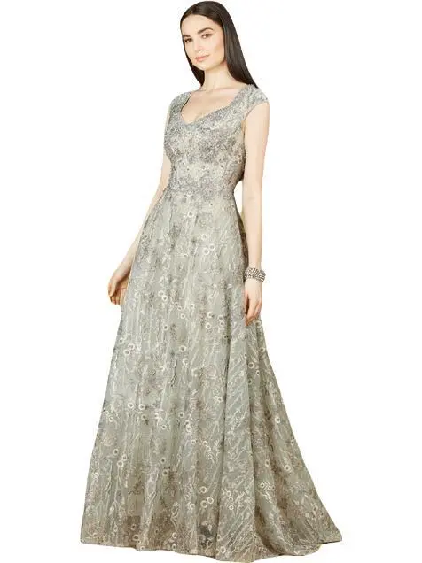 LARA NEW YORK Cap Sleeve V-neck Lace Gown - Slate