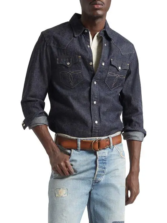 Double Rl Buffalo West Slim Fit Denim Western Snap-up Shirt - Rinse