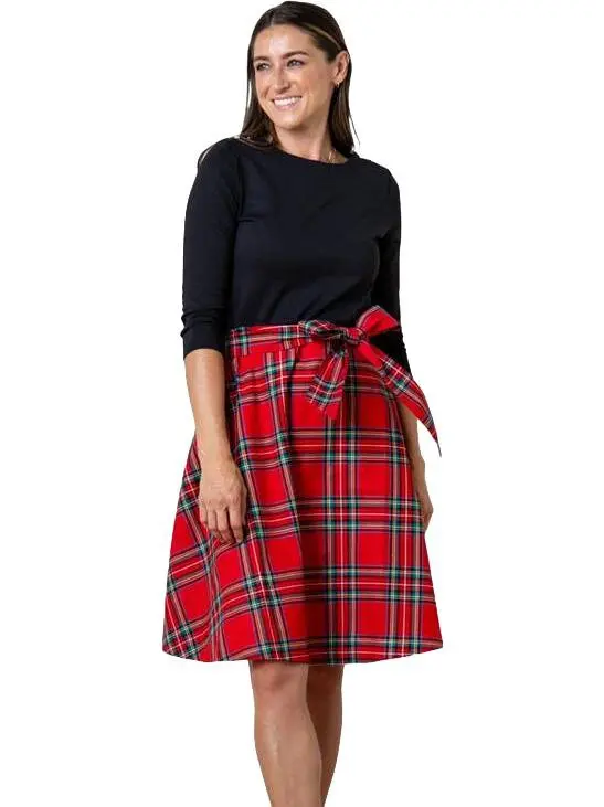 HOPE & HENRY Fit And Flare Dress With Waist Sash - Black Ponte Red Tartan