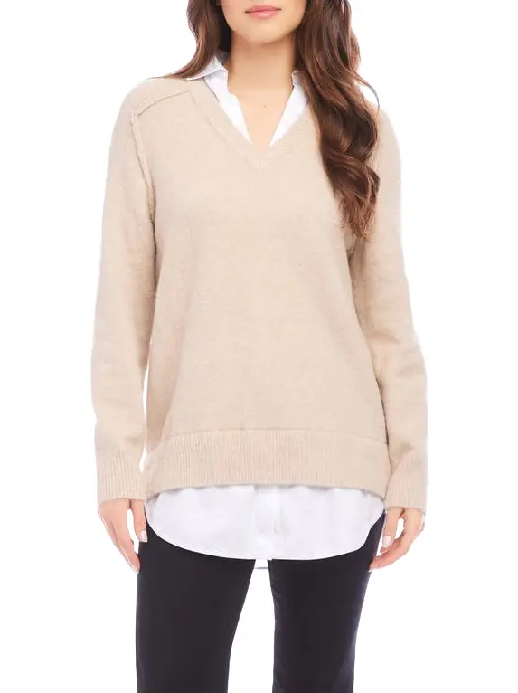 Karen Kane Mixed Media Layered Sweater - Sand