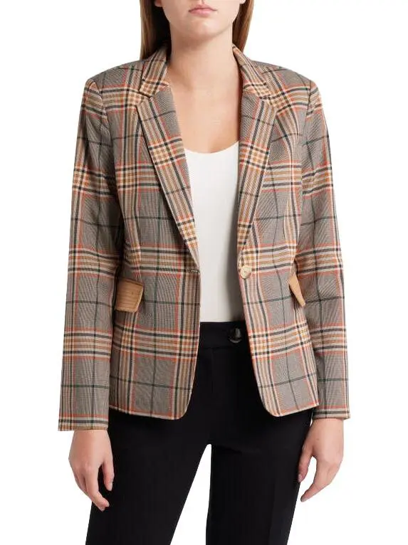 TAHARI ASL Faux Suede Trim Plaid Jacket - Cognac Black