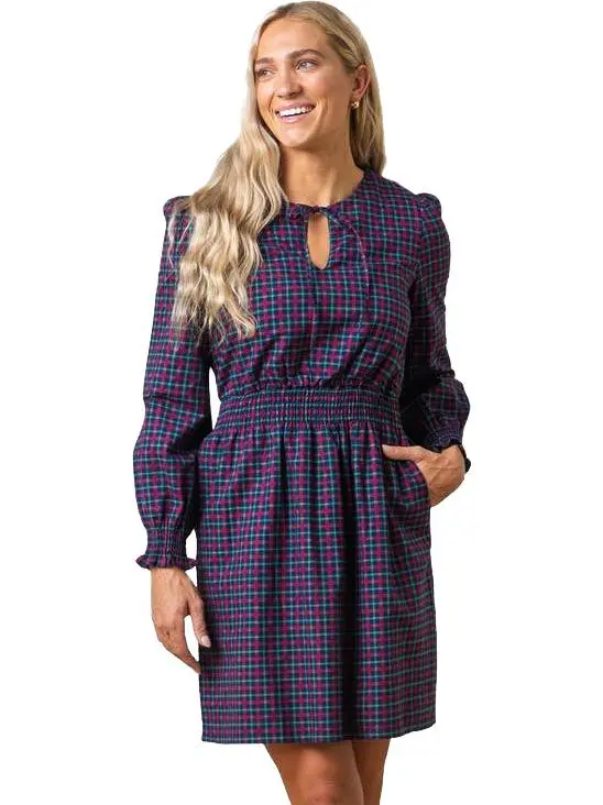 HOPE & HENRY Smocked Keyhole Dress - Navy Holiday Check