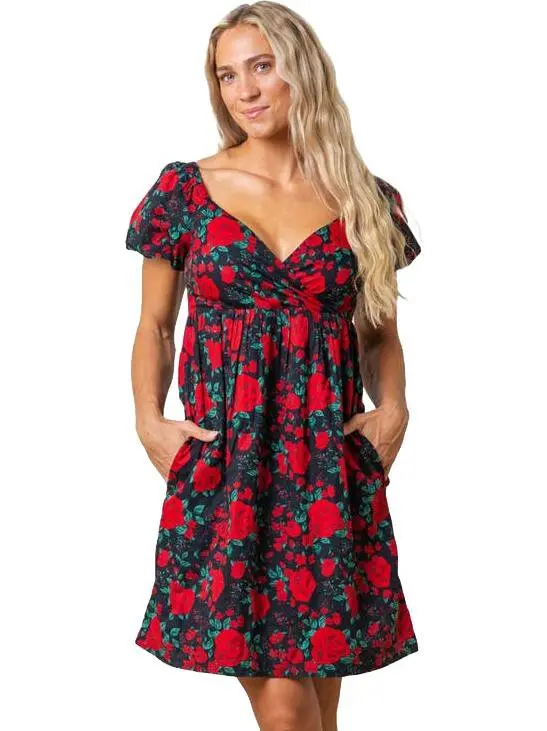 HOPE & HENRY Organic Puff Sleeve Crossover Dress - Black Holiday Rose