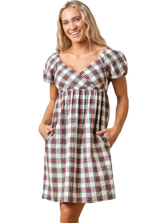 HOPE & HENRY Organic Puff Sleeve Crossover Dress - Ivory Holiday Tartan