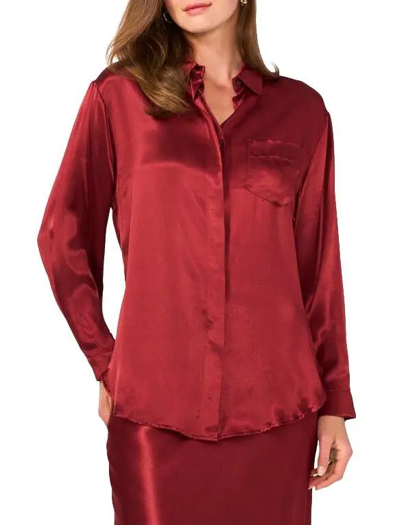 Vince Camuto Long Sleeve Satin Button-up Shirt - Fired Brick