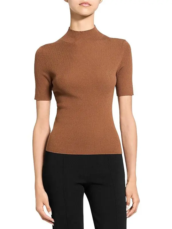 Theory Leenda Short Sleeve Mock Neck Sweater - Caramel