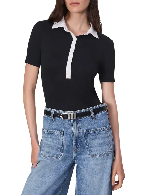 Rag & Bone The Knit Button Polo Top - Black