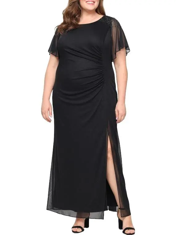 SL FASHIONS Flutter Sleeve Metallic Gown - Black