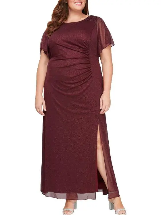 SL FASHIONS Flutter Sleeve Metallic Gown - Fig