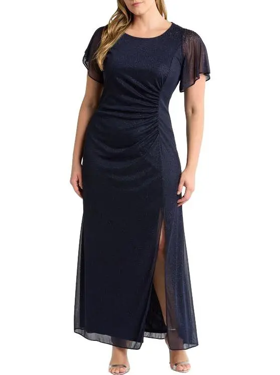 SL FASHIONS Flutter Sleeve Metallic Gown - Navy