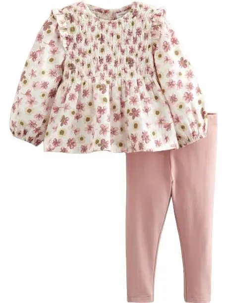 Nordstrom Smocked Long Sleeve Top & Leggings Set - Pink- Ivory Presses Flower