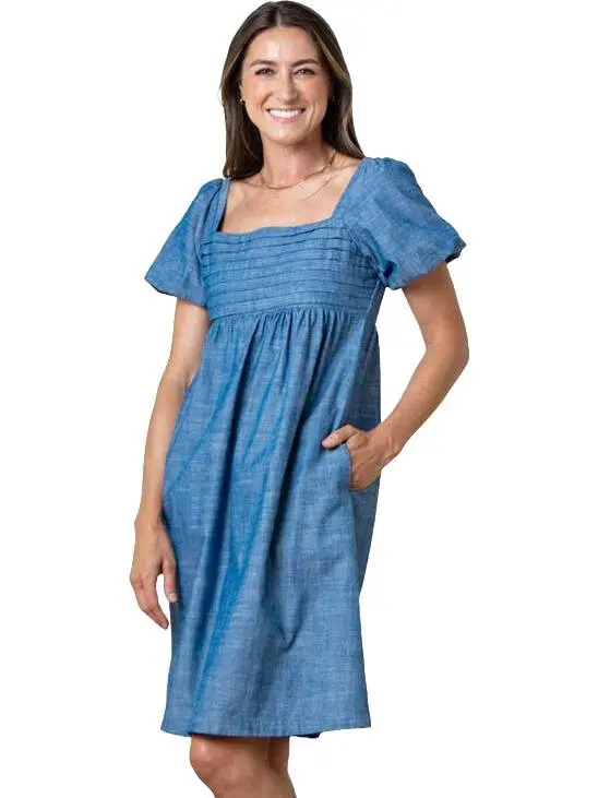 HOPE & HENRY Organic Ruched Chambray Dress - Pleated Chambray