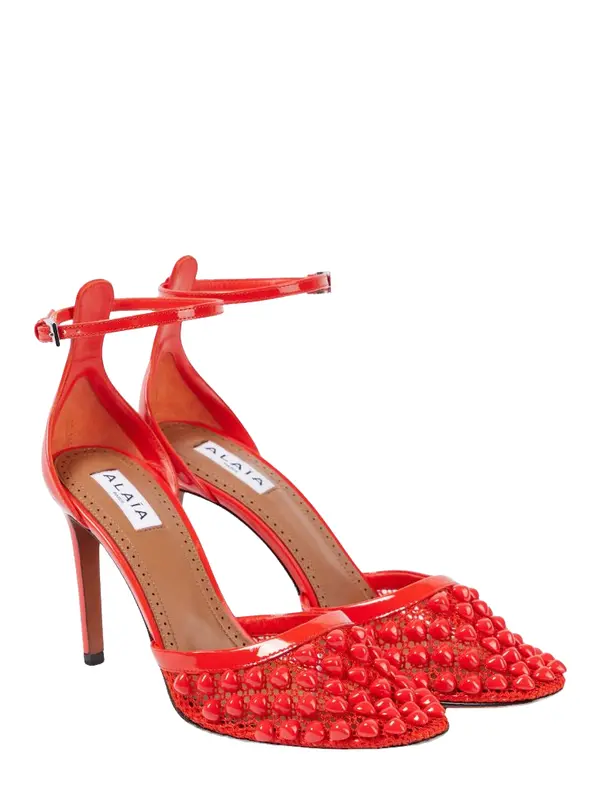 Alaïa Studded Mesh And Leather Pumps - Orange
