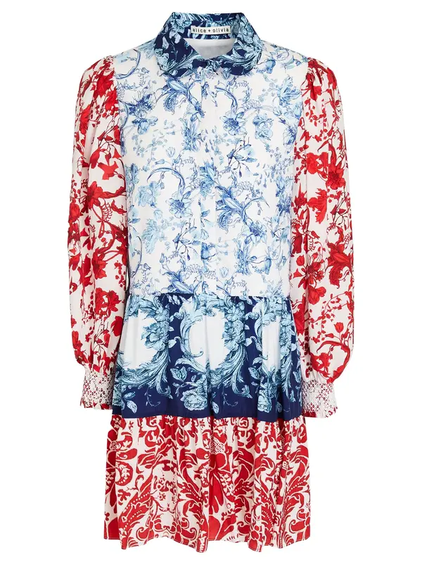 Alice + Olivia Paulie Printed Cupro Mini Shirt Dress - Light Blue