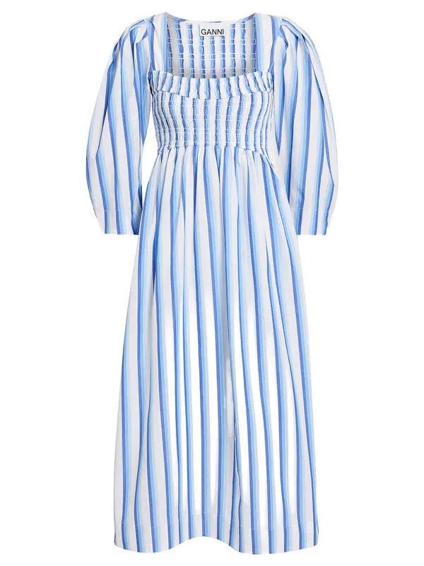 GANNI Shirred Striped Cotton-poplin Midi Dress - Blue