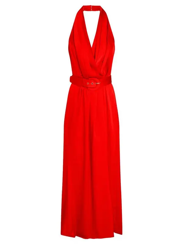NICHOLAS Belted Wrap-effect Satin-crepe Halterneck Gown - Red