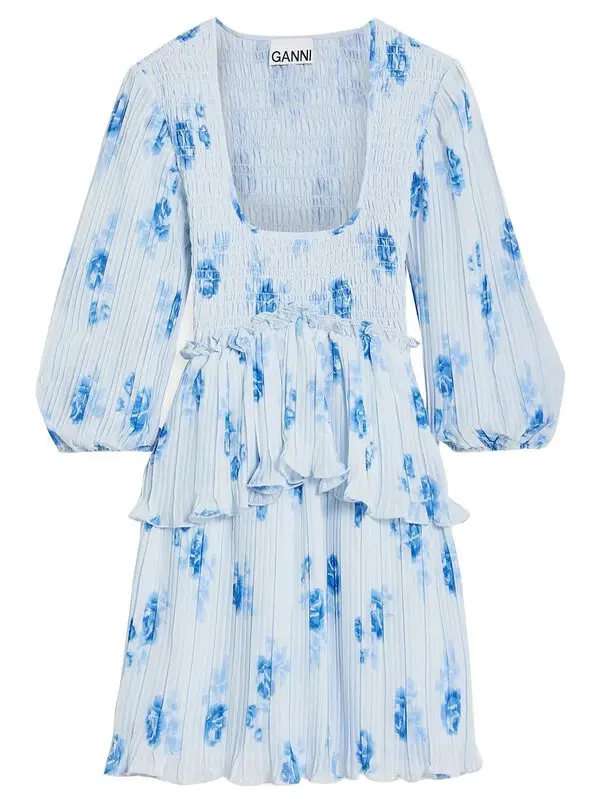 GANNI Shirred Floral-print Crepe De Chine Mini Dress - Light Blue