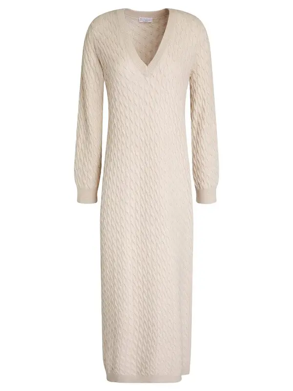 Brunello Cucinelli Bead-embellished Cable-knit Midi Dress - Ecru