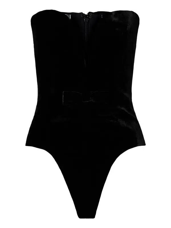 Alessandra Rich Strapless Velvet Thong Bodysuit With Bow - Black