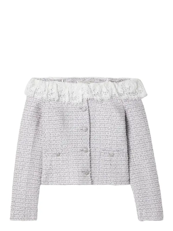 Alessandra Rich Off-the-shoulder Lace-trimmed Sequin-embellished Metallic Tweed Jacket - White