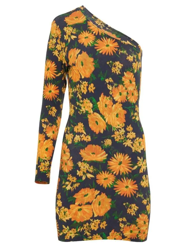 Balenciaga Asymmetrical Sleeve Floral Print Dress - Yellow